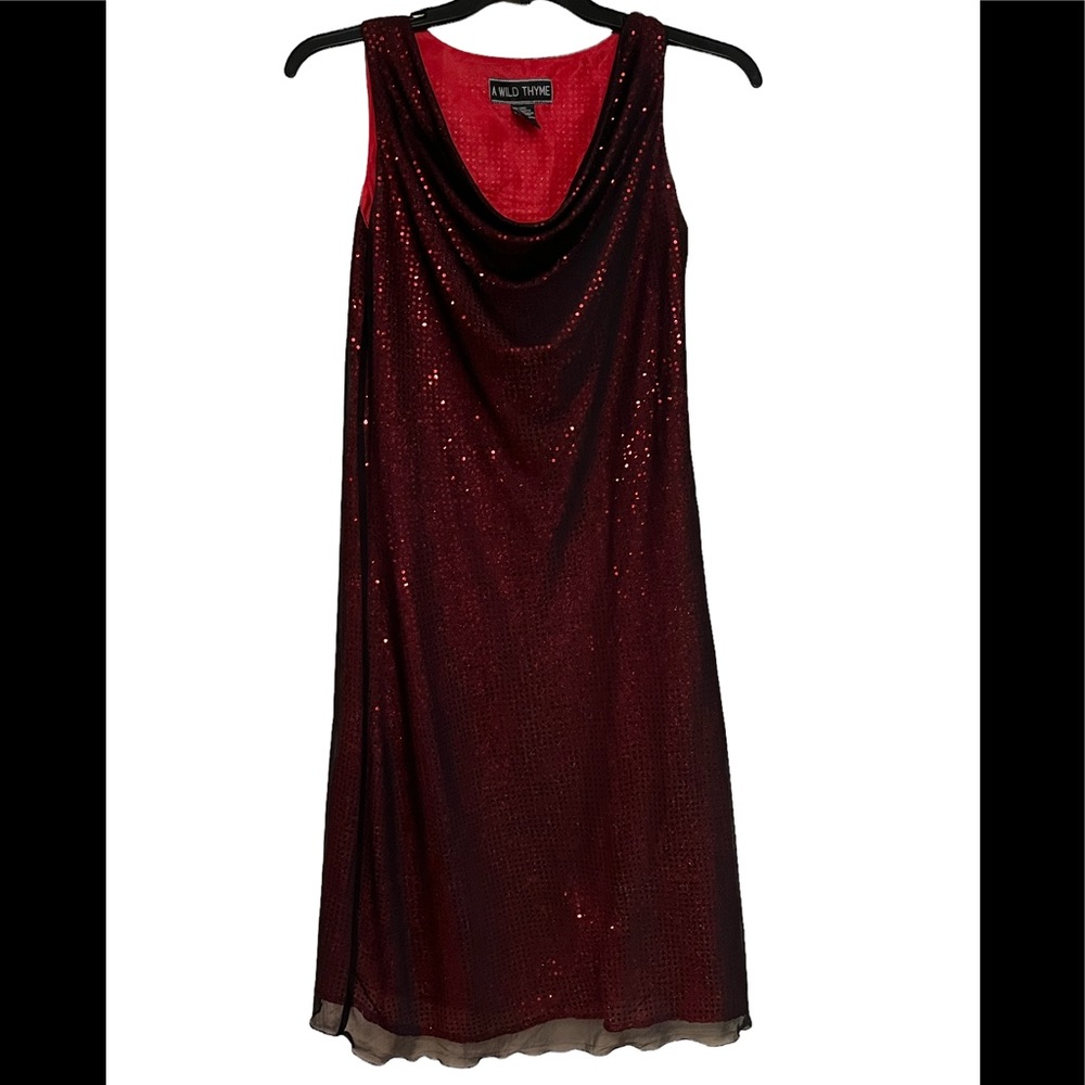 Red Sequined Dress With Black Sheer Overlay - Gem